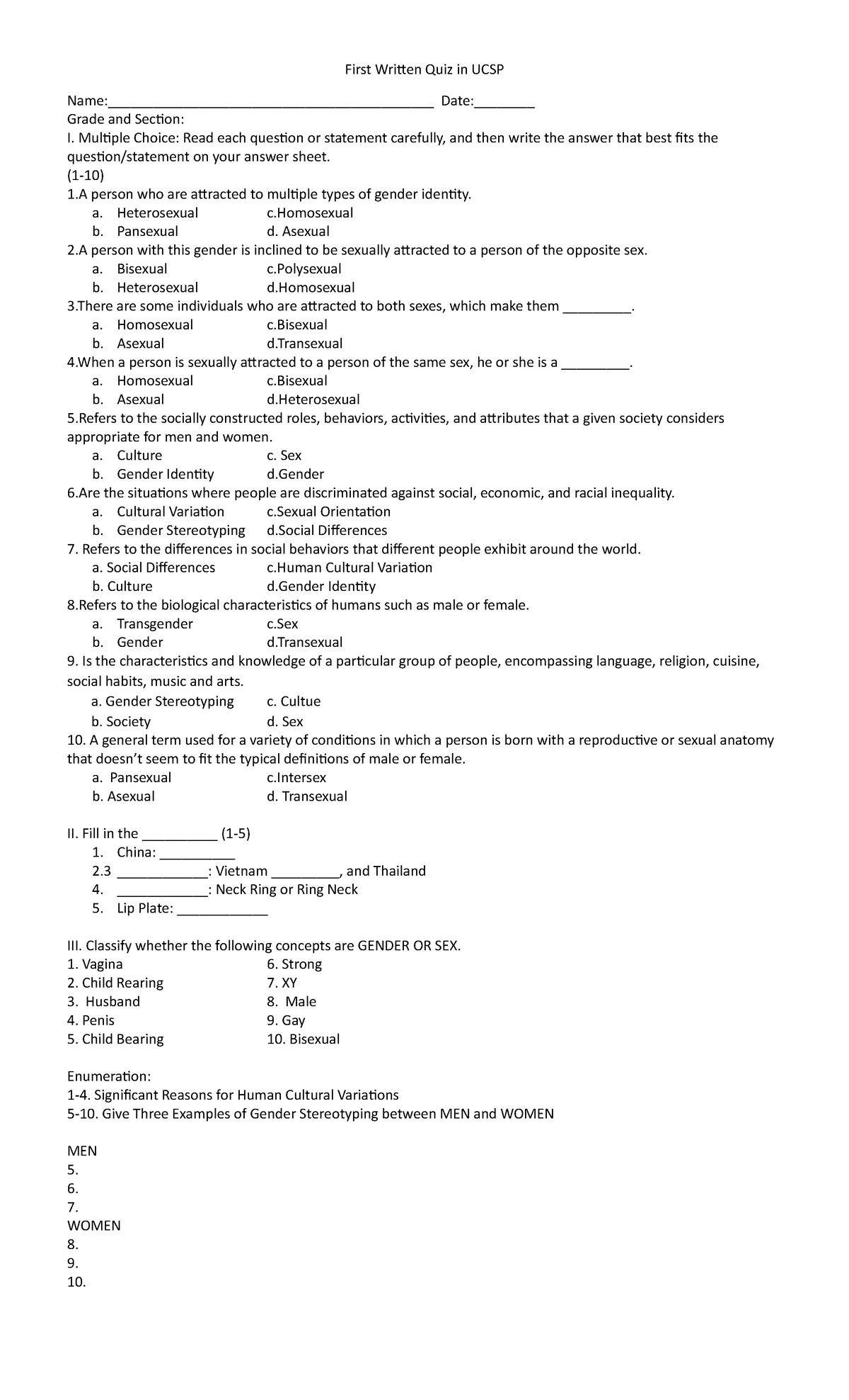 First Written Quiz in UCSP - First Written Quiz in UCSP - Studocu