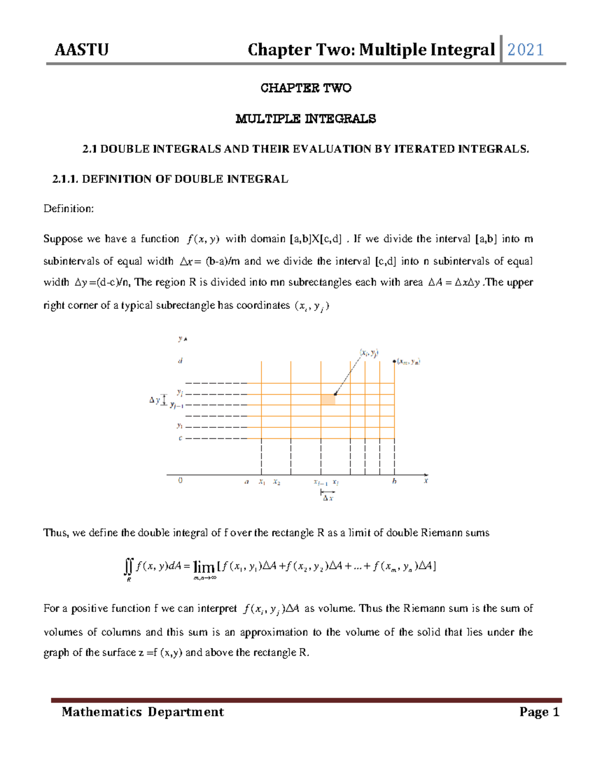 Aastu Chapter Two Multiple Integral - CHAPTER TWO MULTIPLE INTEGRALS 2 ...