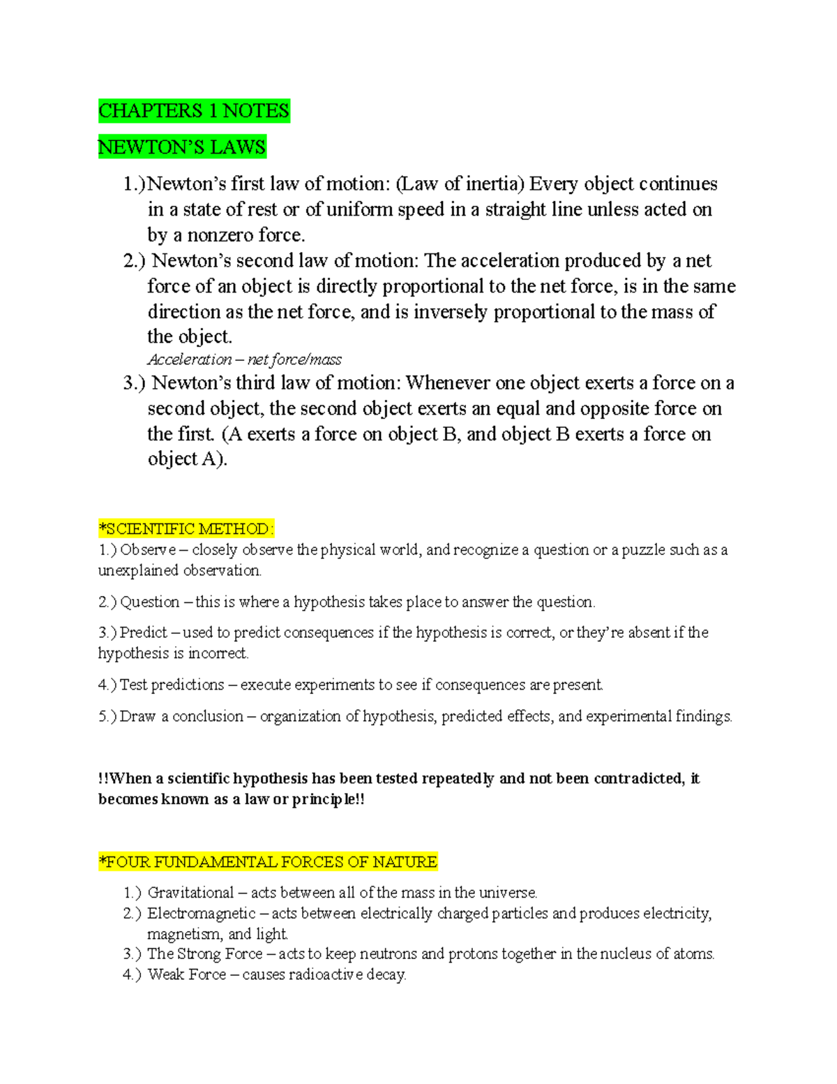 Physical Science Notes - CHAPTERS 1 NOTES NEWTON’S LAWS 1.) Newton’s ...