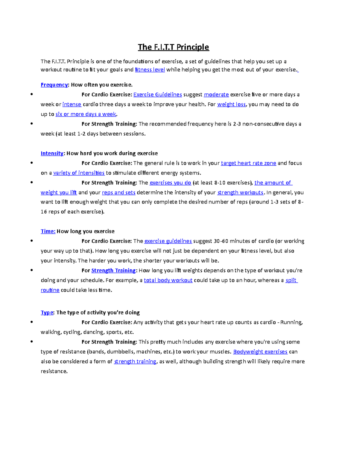 FITT principle worksheet - The F.I.T Principle The F.I.T. Principle is ...