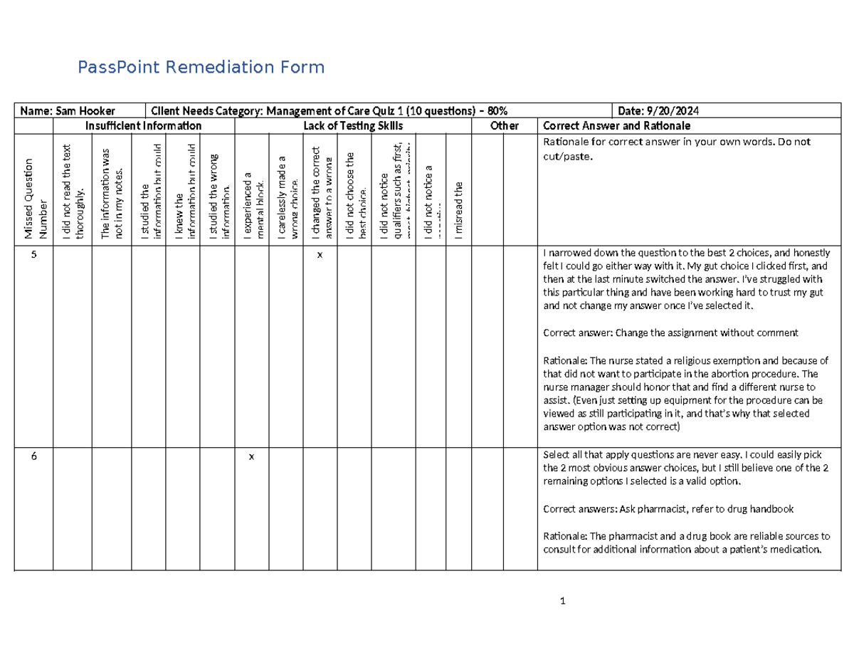 Management of care - notes - PassPoint Remediation Form Name: Sam ...