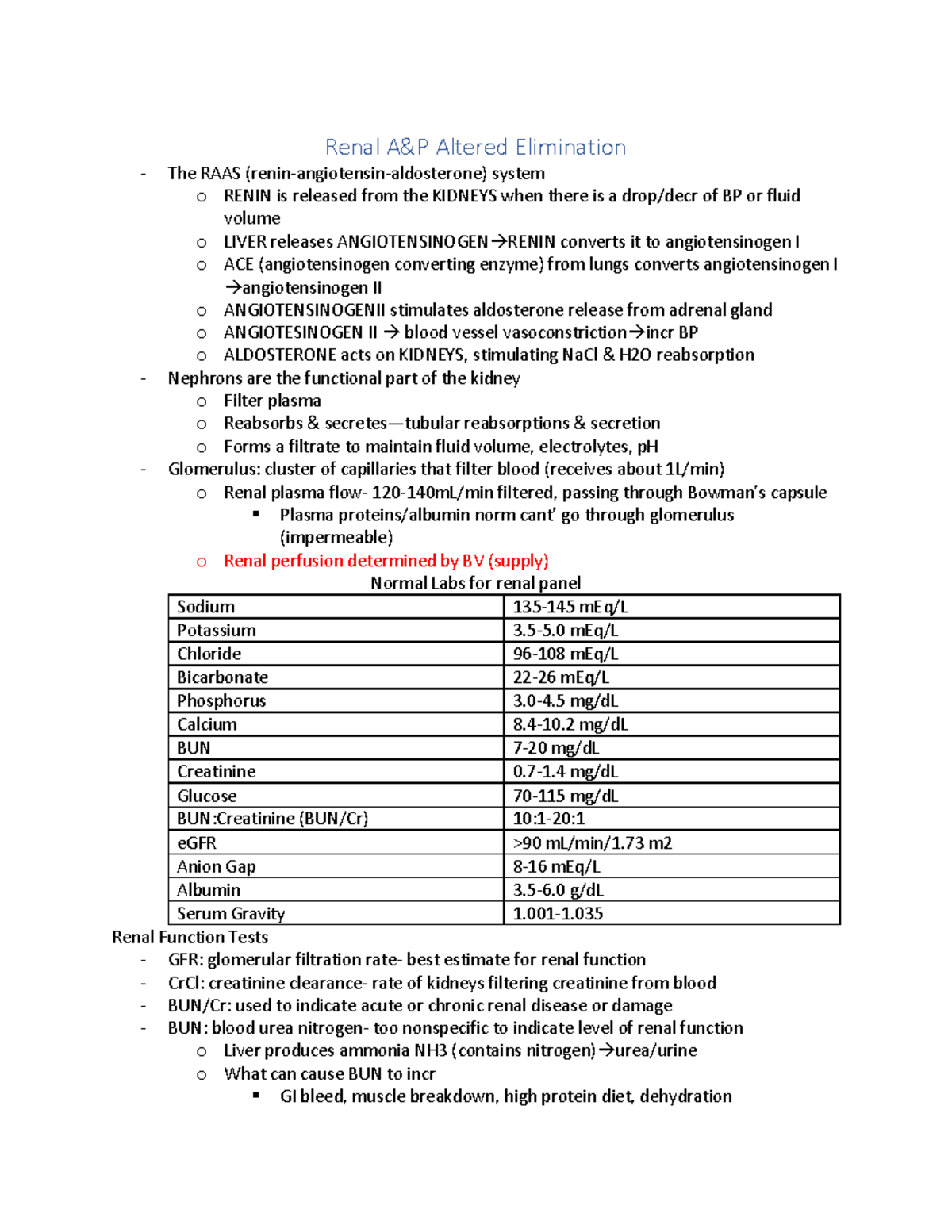 NURS 282 Exam 1 Guide - Renal A&P Altered Elimination The RAAS (renin-angiotensin-aldosterone ...