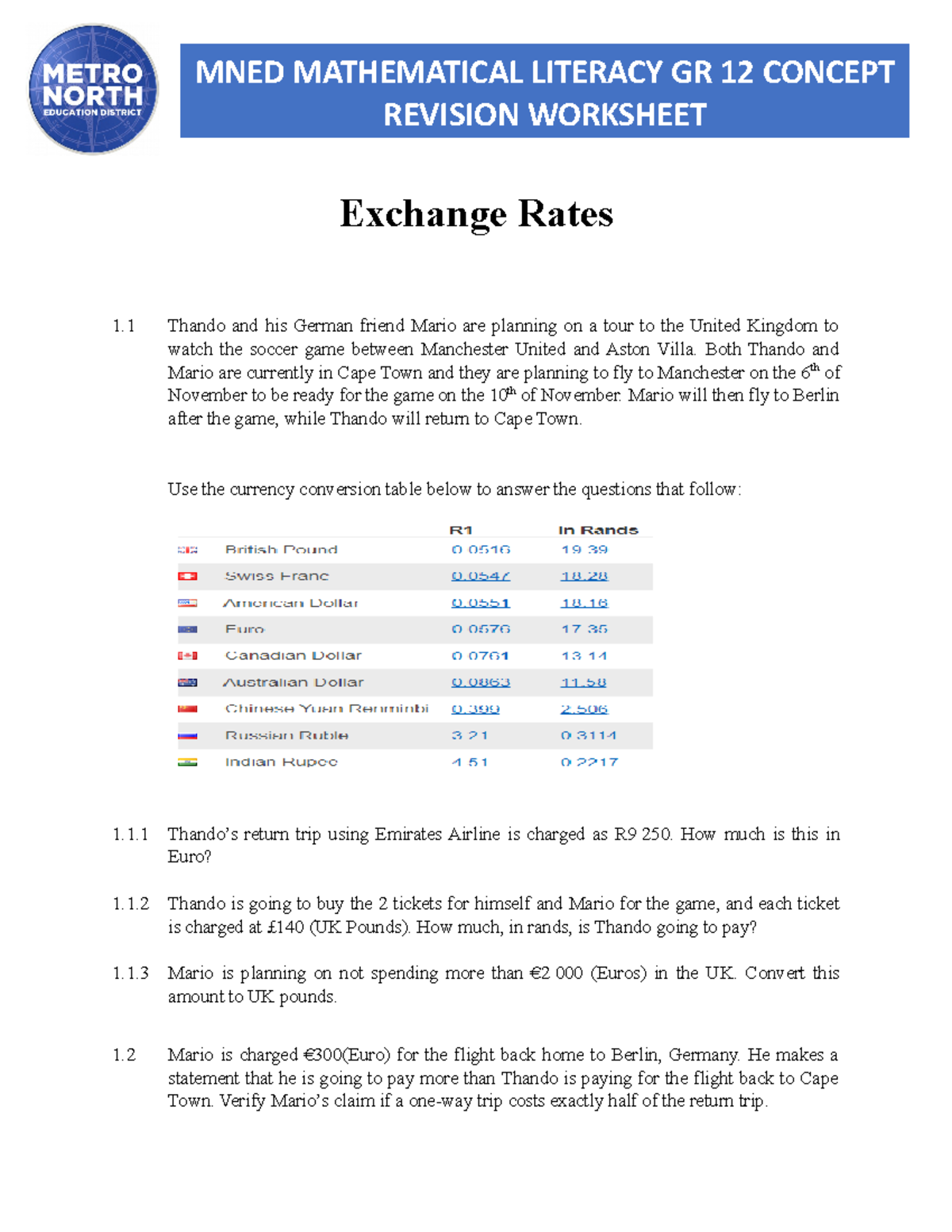 5.Exchange Rates worksheet - Exchange Rates 1 Thando and his German ...