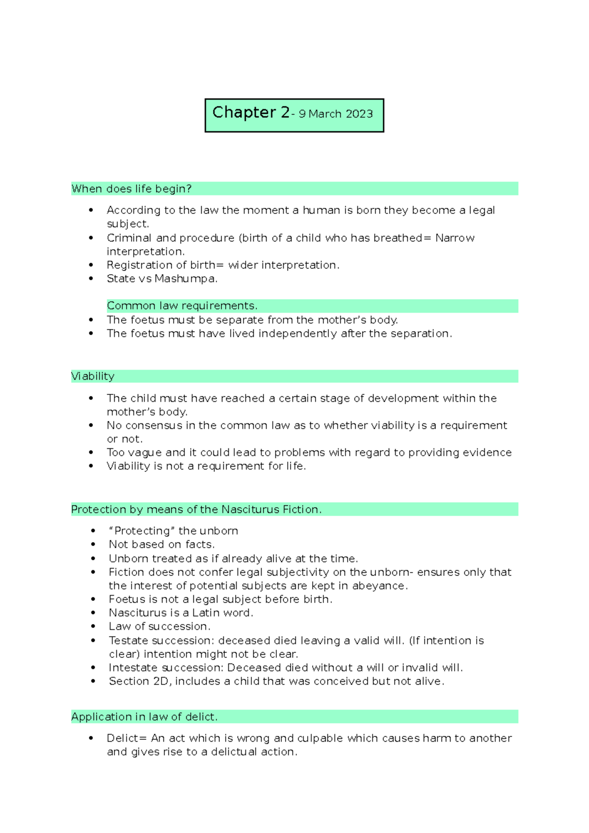 Psr chapter 2 - psr notes - When does life begin? According to the law ...