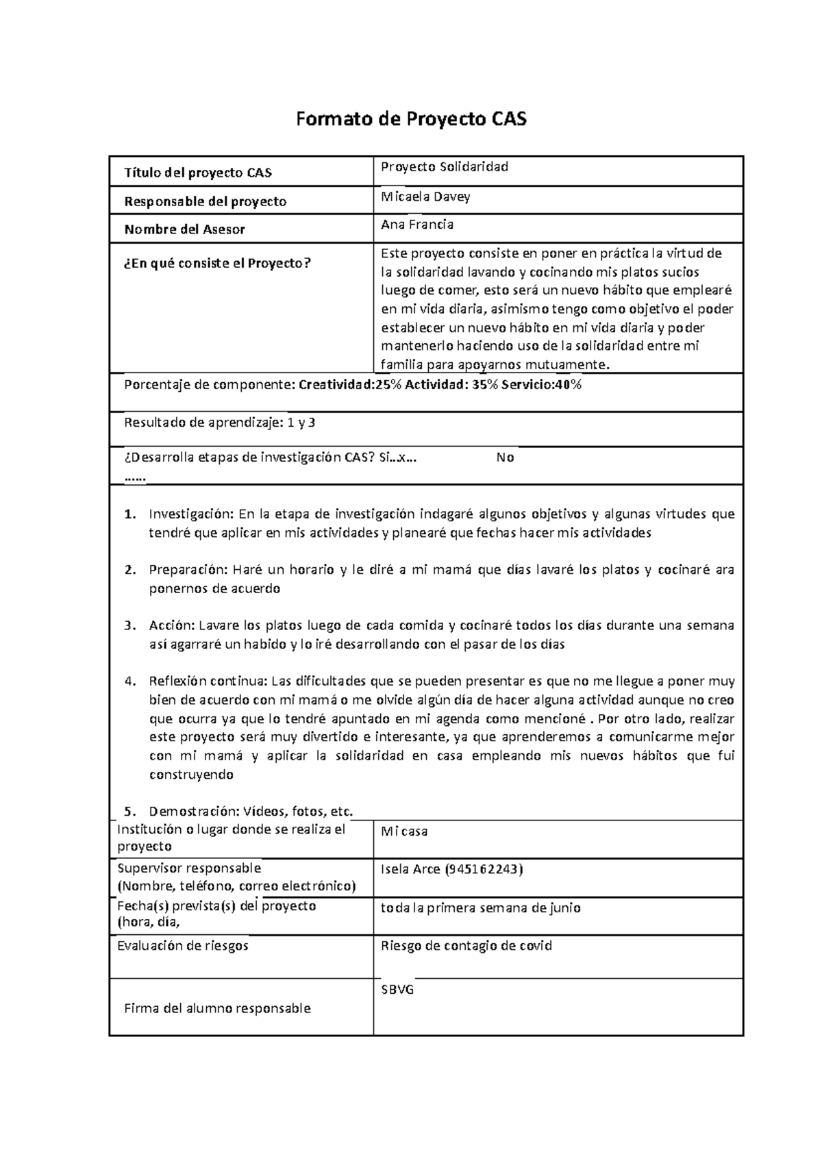 matemática basica - Formato de Proyecto CAS Título del proyecto CAS Proyecto Solidaridad ...