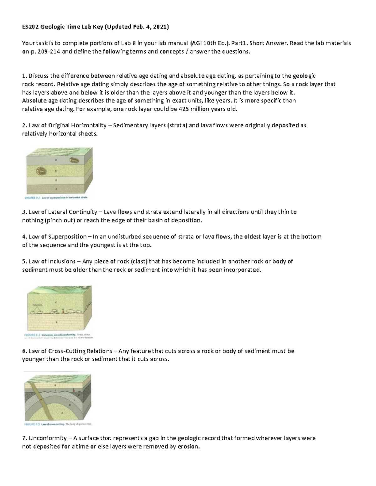 ES202 Geologic Time Lab Key Updated Feb4 2021 - 4, 2021) Your task is to complete portions of ...