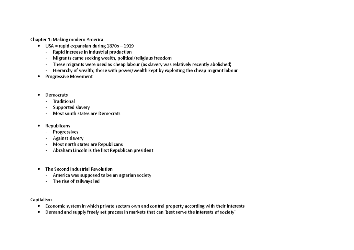 Modern history - year 11 class notes - Chapter 1: Making modern America ...