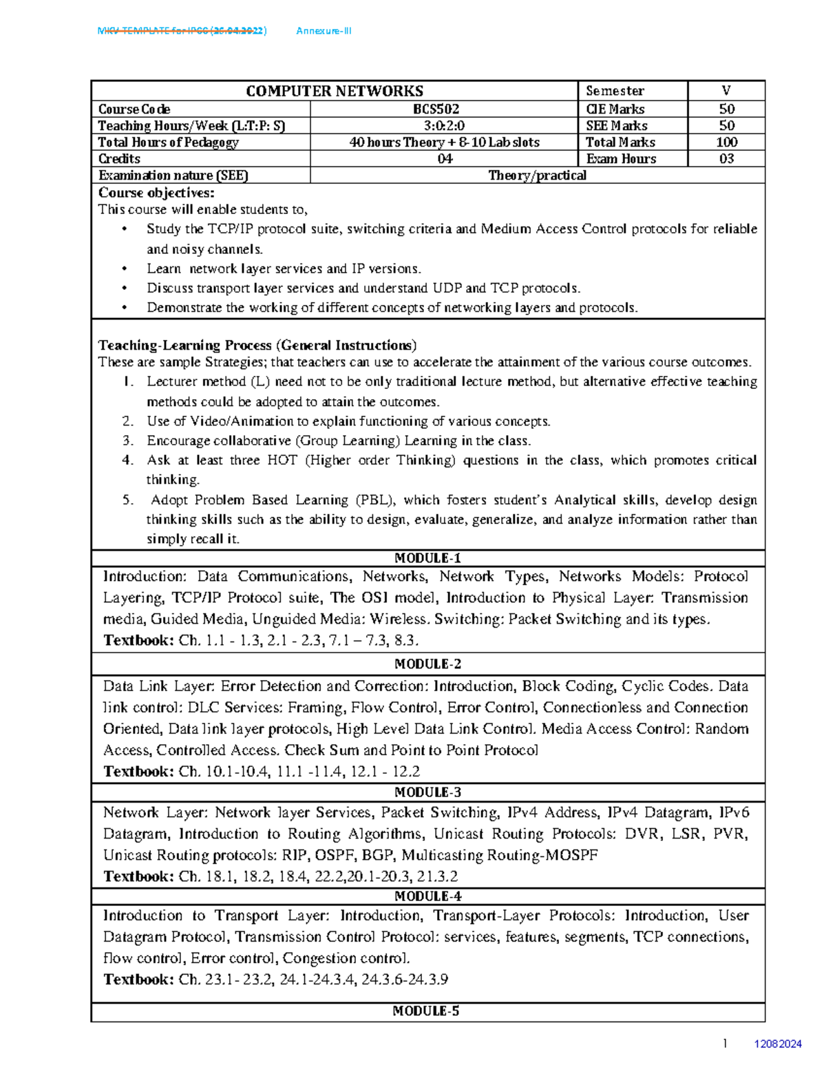 BSC502 syllabus - COMPUTER NETWORKS Semester V Course Code BCS502 CIE ...