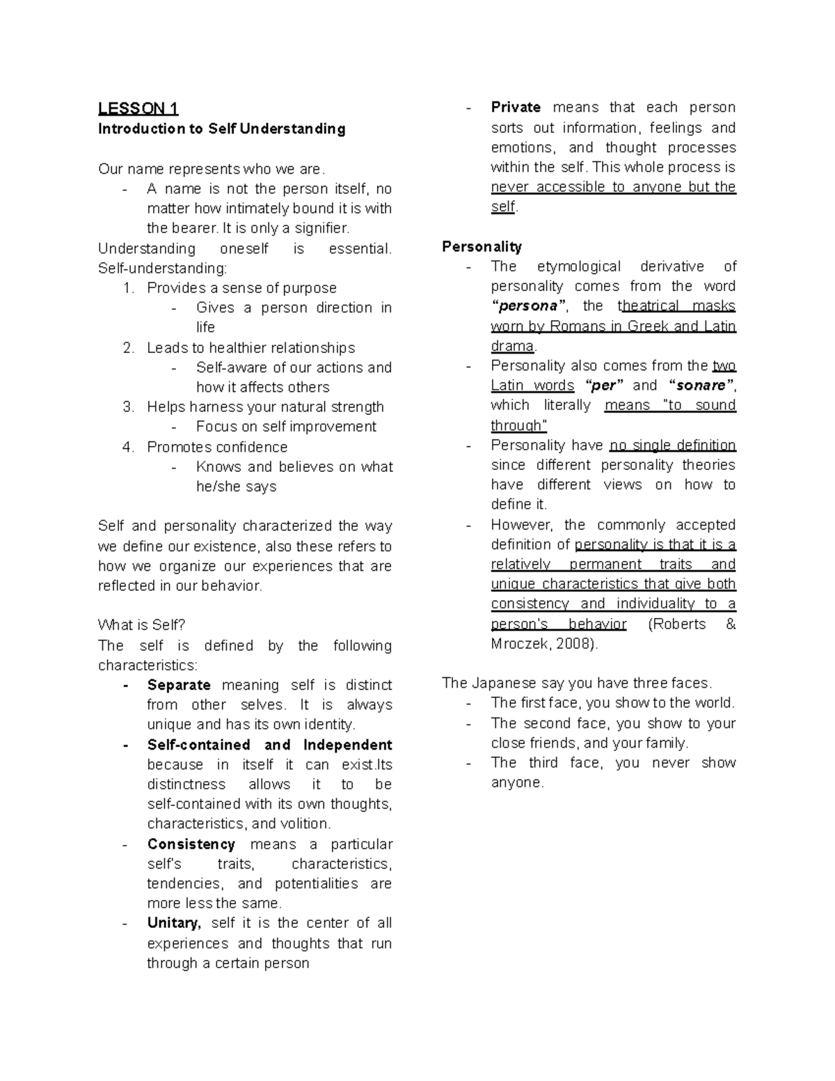 GED 101 UTS - REVIEWER FOR LESSONS 1-4 - LESSON 1 Introduction to Self Understanding Our name ...