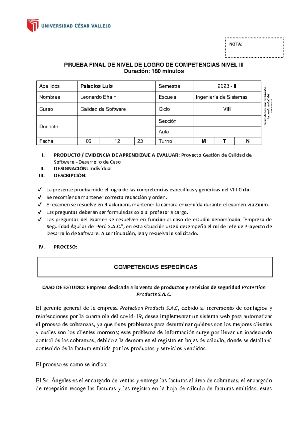 Examen de Conocimientos - PRUEBA FINAL DE NIVEL DE LOGRO DE COMPETENCIAS NIVEL III Duración: 180 ...