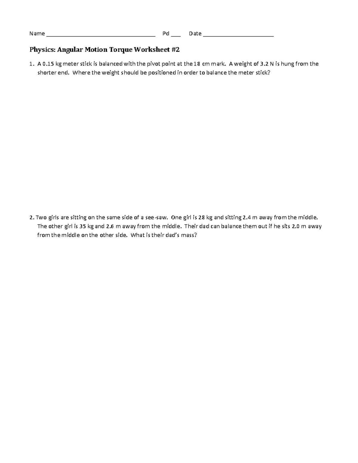 Torque Math Worksheet 2 - Name __________________________________ Pd ...