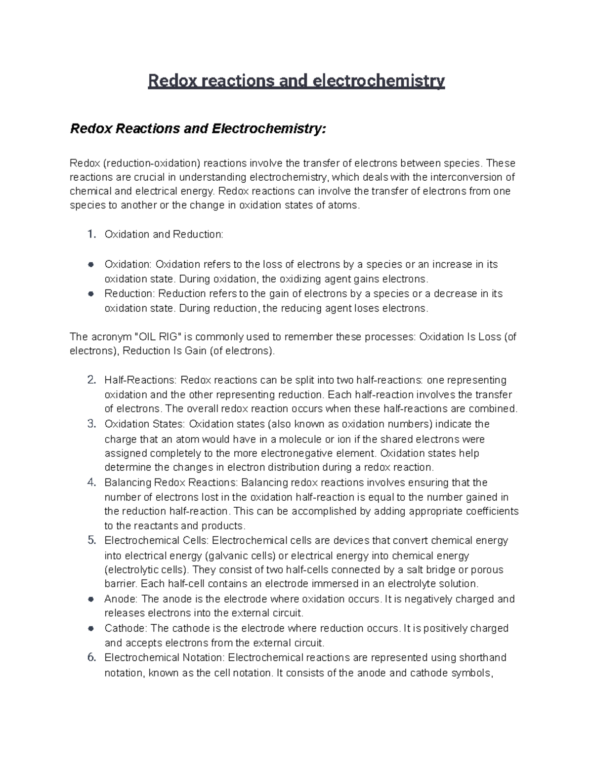Notes on Redox reactions and electrochemistry - Redox reactions and ...
