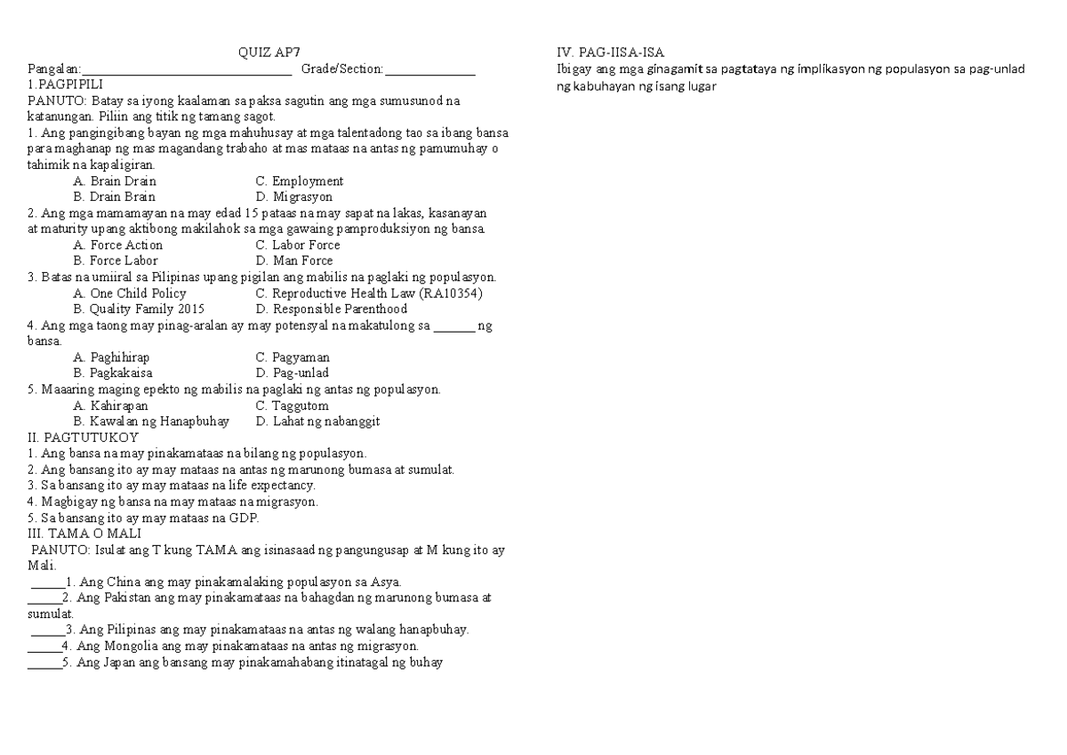 QUIZ AP7 - QUIZ - QUIZ AP Pangalan:______________________________ Grade/Section:_____________ 1 ...