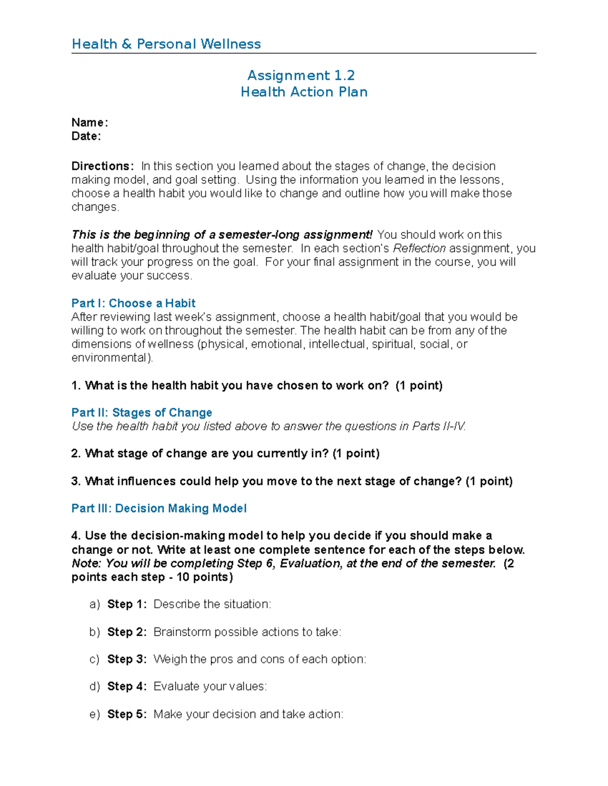 1 2assignment - passed with an a - Health & Personal Wellness ...