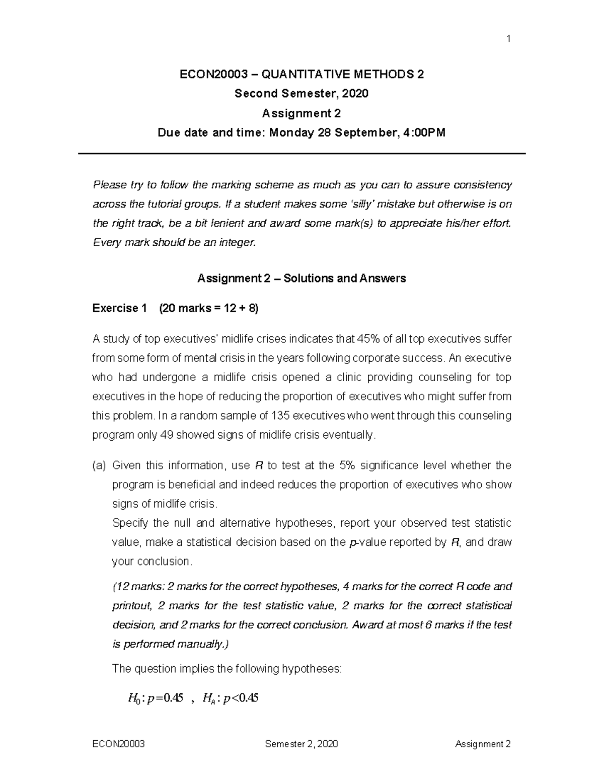 Assignment 2 Q&A - 2020 S2 ASSIGN - ECON20003 – QUANTITATIVE METHODS 2 Second Semester, 2020 ...