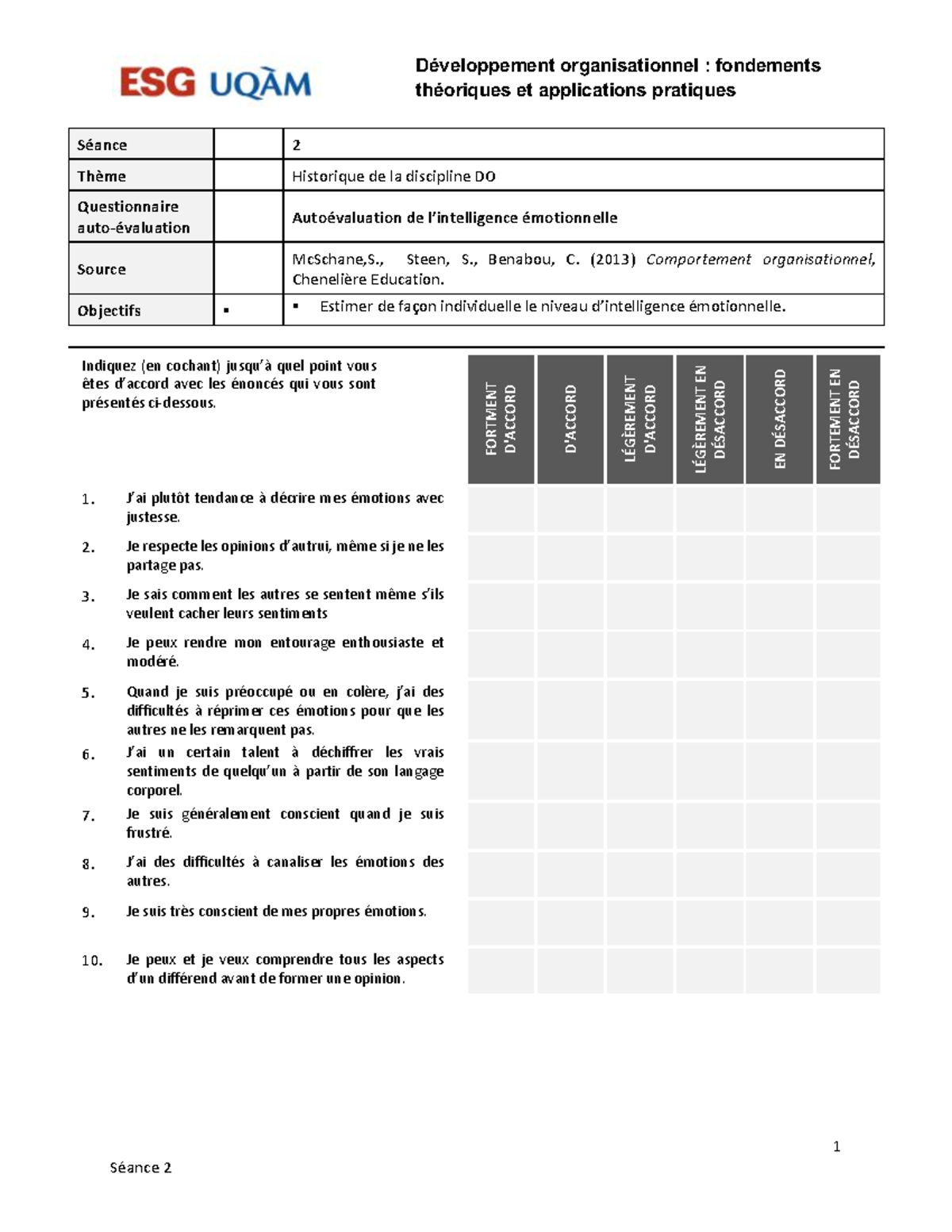 Autoévaluation Intelligence émotionnelle - 1 Séance 2 Développement ...