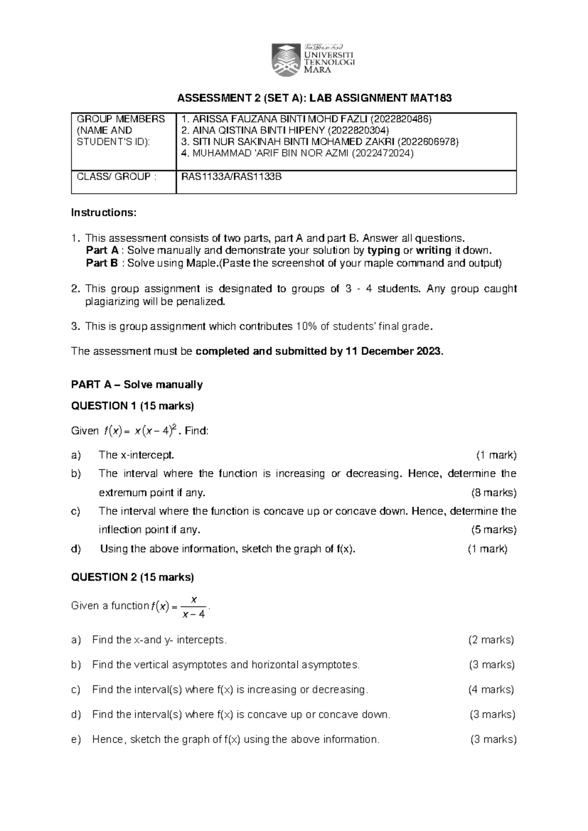 Assessment 2 Set B Question MAT183 Dec2023 - ASSESSMENT 2 (SET A): LAB ASSIGNMENT MAT GROUP ...