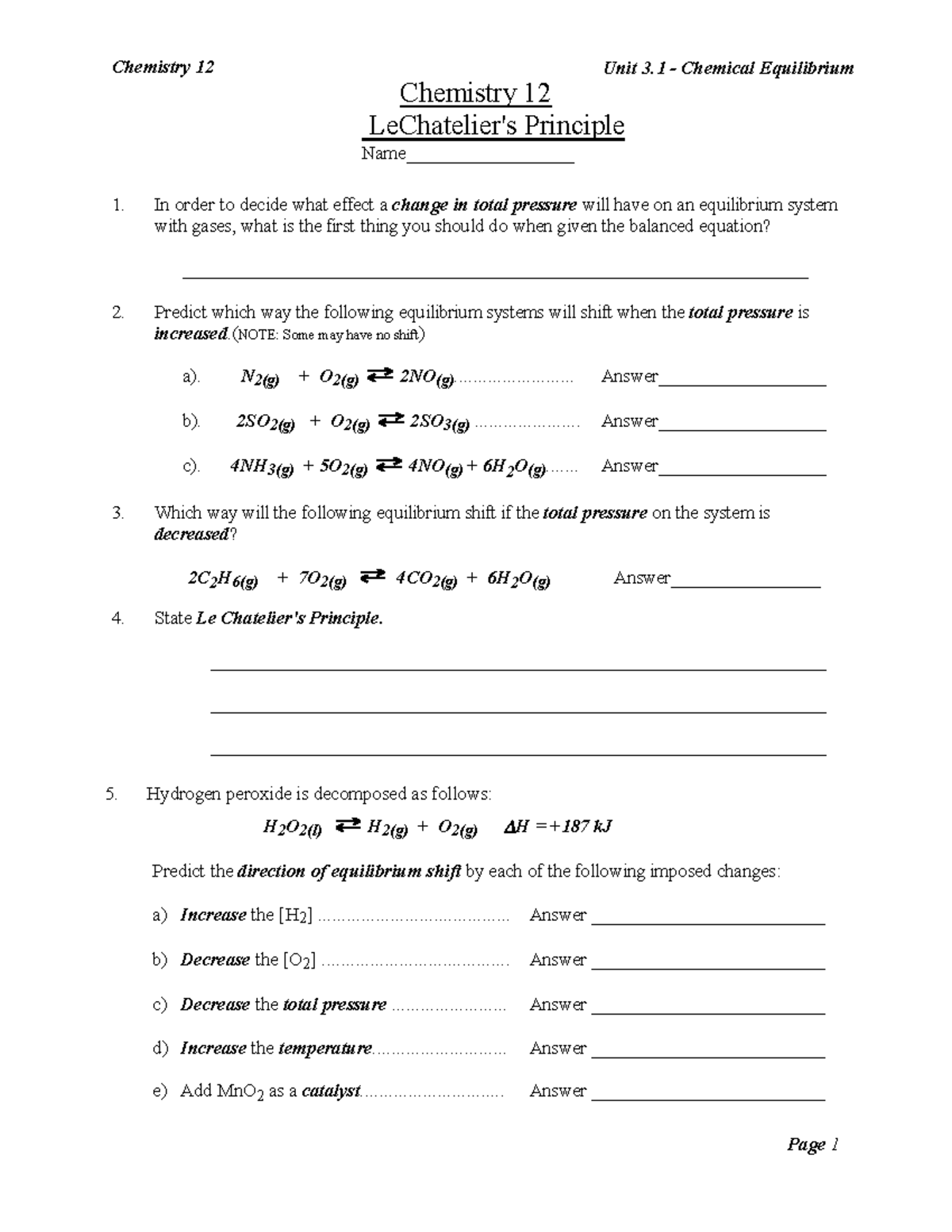 Le Chat ws - CHEM WORKSHEET - Chemistry 12 Unit 3 - Chemical ...