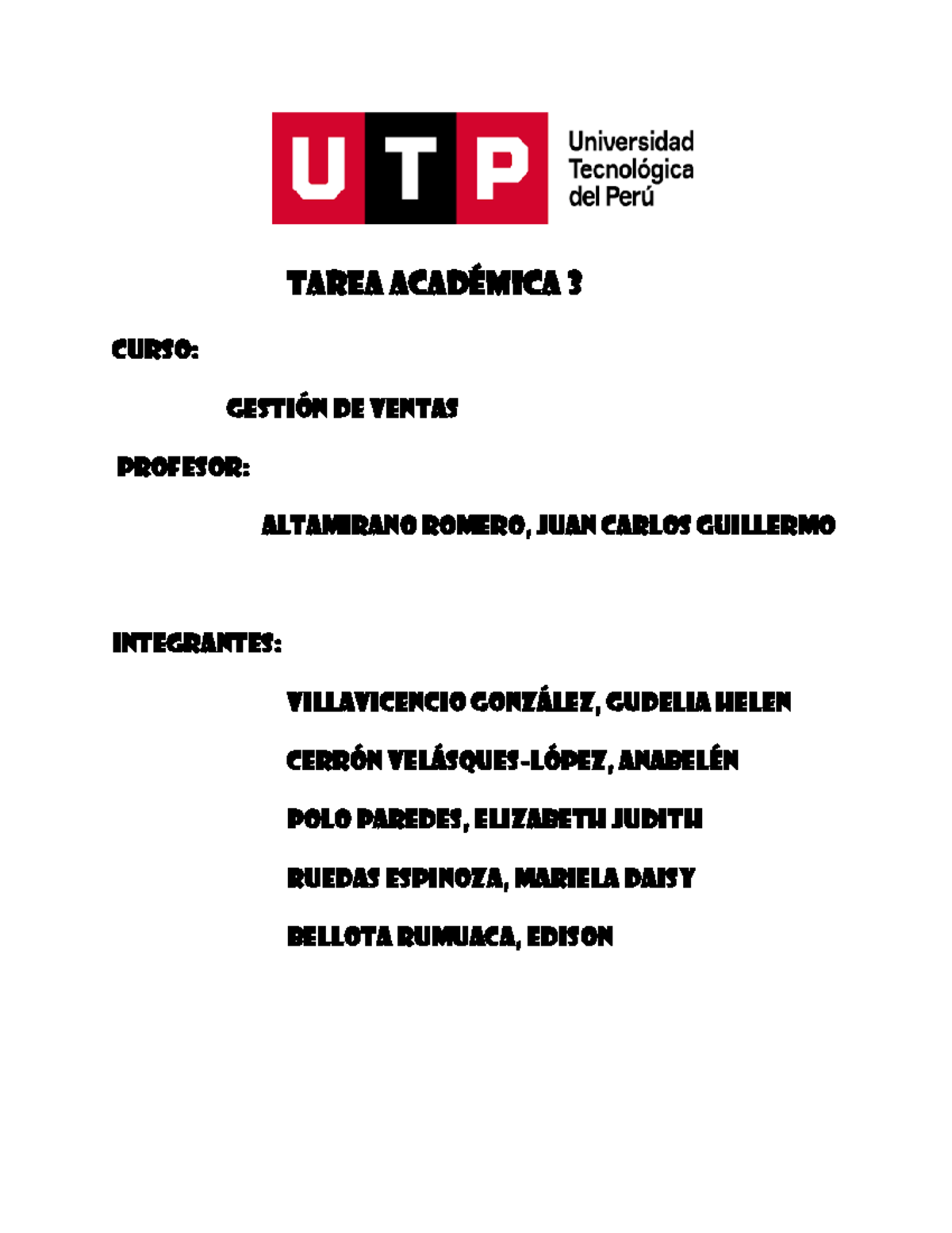TA3- Análisis Teórico DEL Pronóstico DE Ventas - Tarea acadÈmica 3 cURSO: GESTI”N DE VENTAS ...