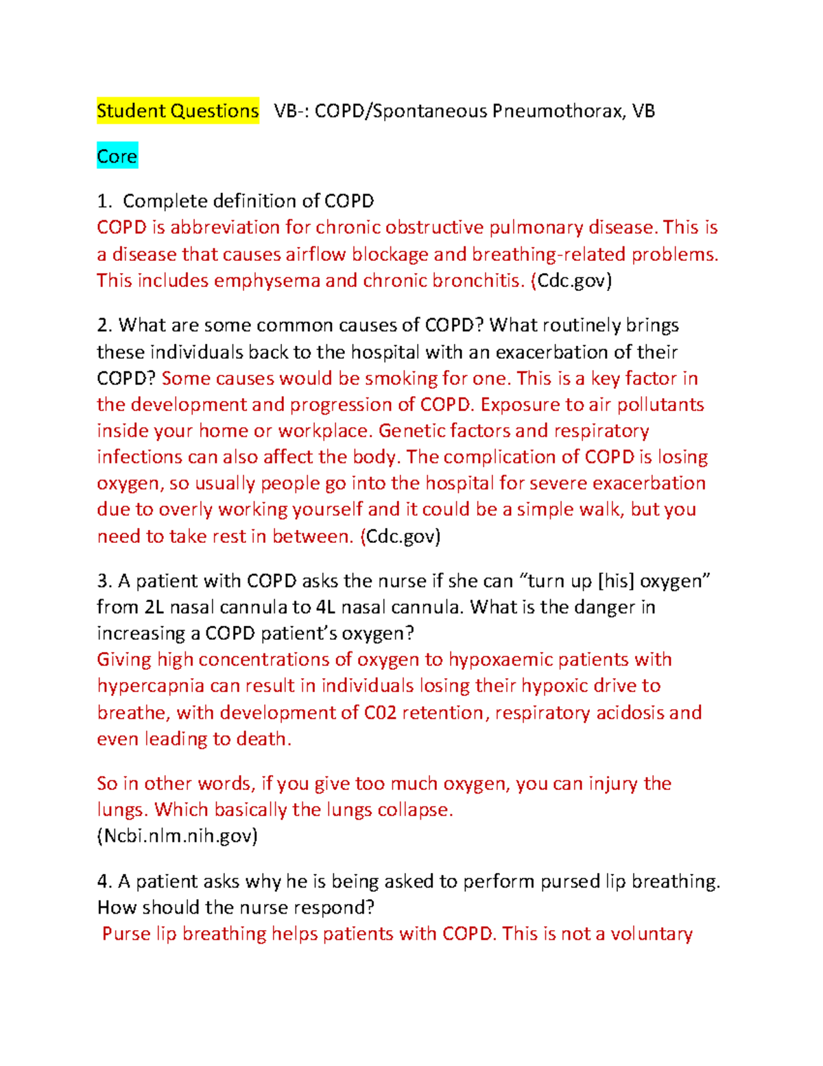 Case study VB student questions 1 7 23 5 - Student Questions VB-: COPD ...