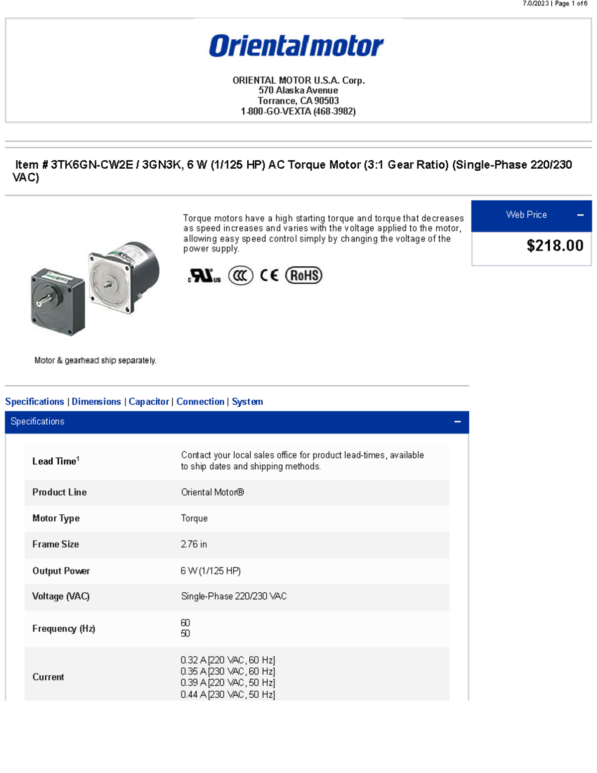 3TK6GN CW2E3GN3K 6W(1125HP)ACTorque Motor(31Gear Ratio)(Single Phase ...