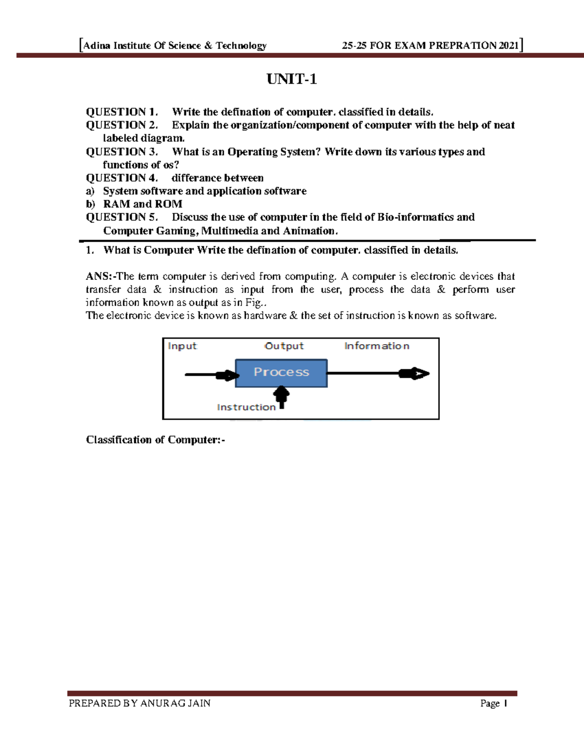 Unit 1 Summary Basic Computer Engineering Unit Question 1 Write The Defination Of Computer