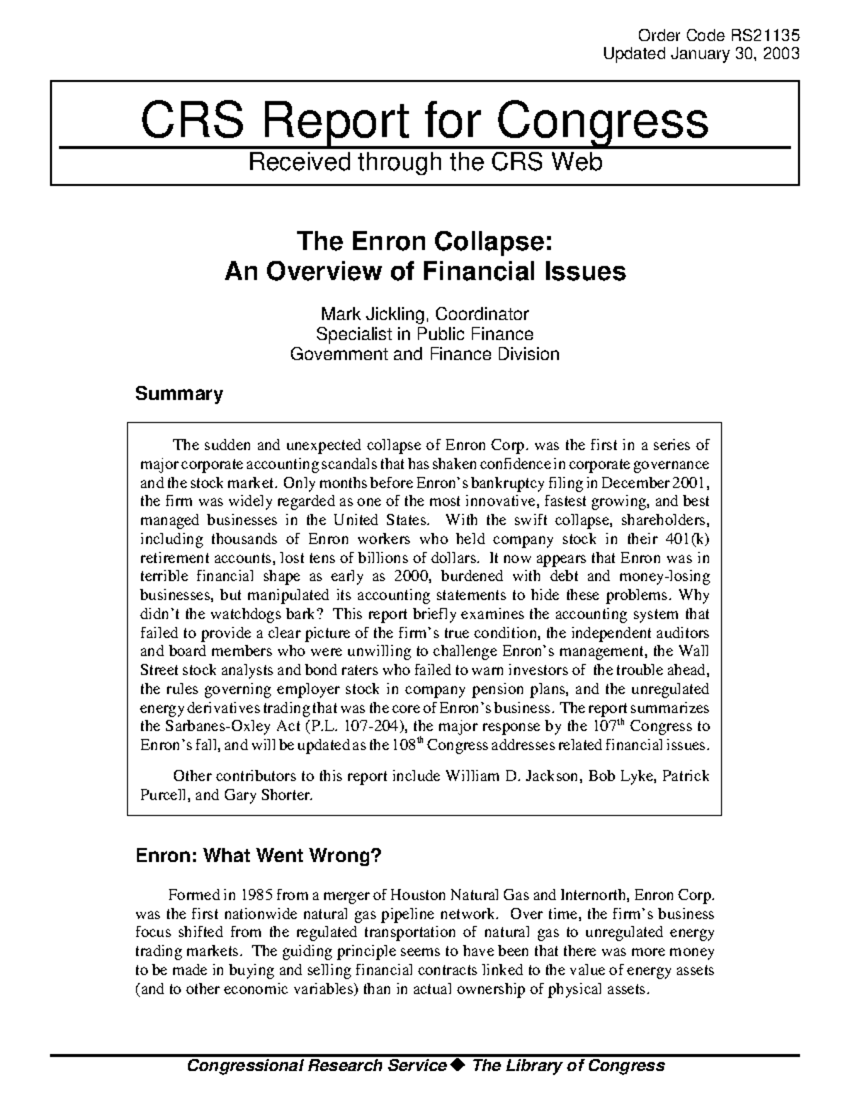 Enron financial issues - Congressional Research Service ̃ The Library ...