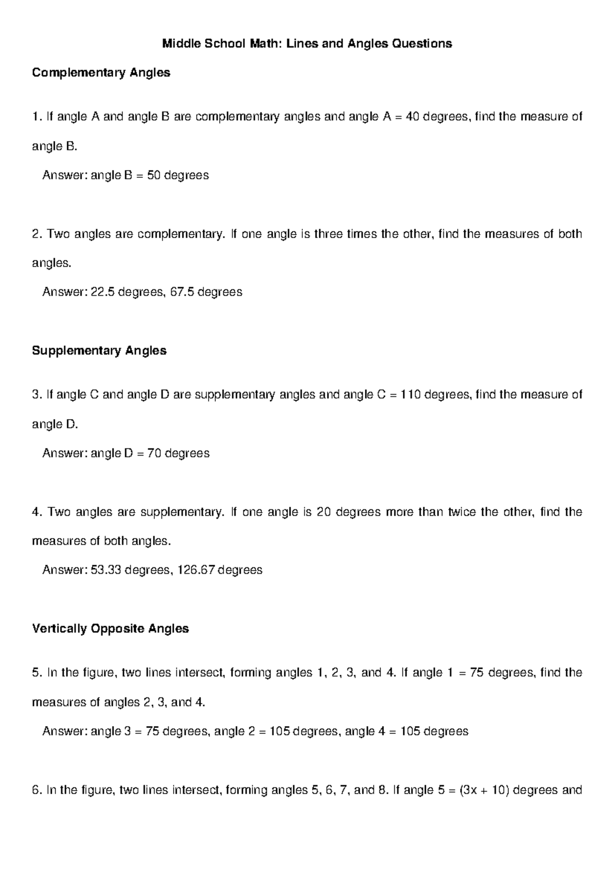 Middle School Math Lines and Angles Questions - Middle School Math ...