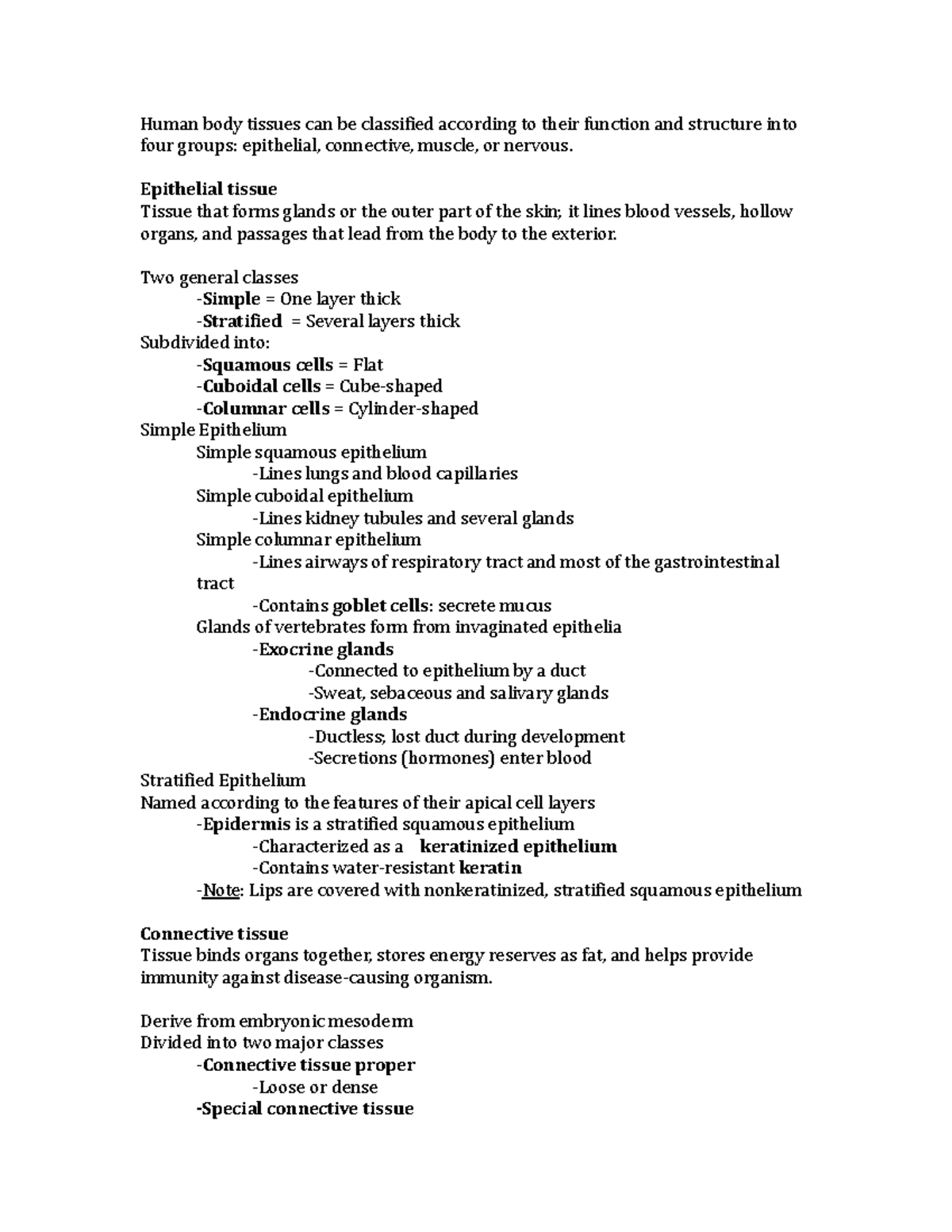Human body tissues - Lecture notes - Human body tissues can be ...