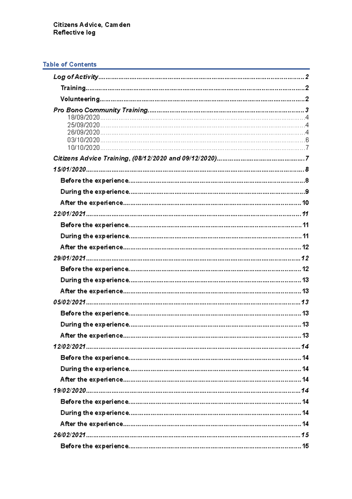 CLE Example Reflective Journal - Citizens Advice, Camden Reflective log ...