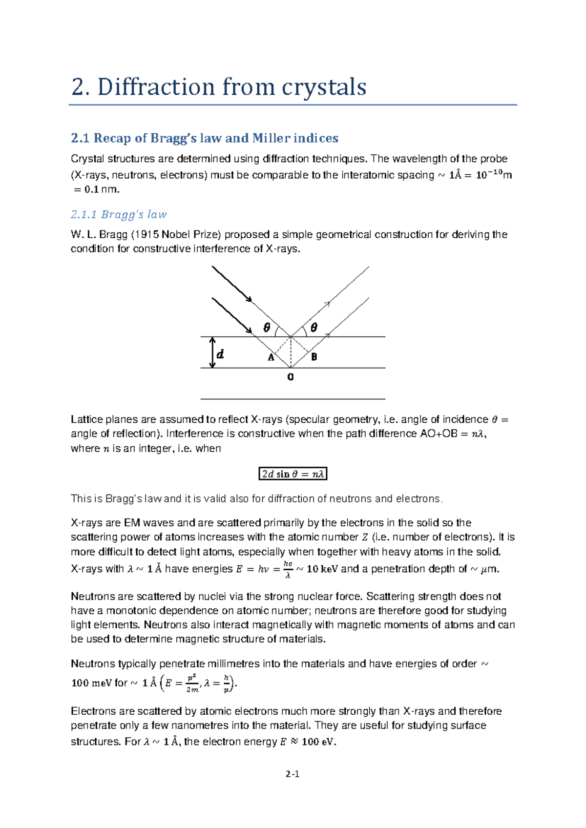 02-Diffraction - PHAS0041 - 2. Diffraction from crystals 2 Recap of Bragg’s law and Miller ...