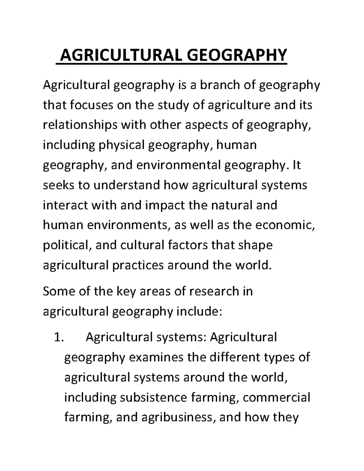Agricultural Geography 1 - AGRICULTURAL GEOGRAPHY Agricultural ...