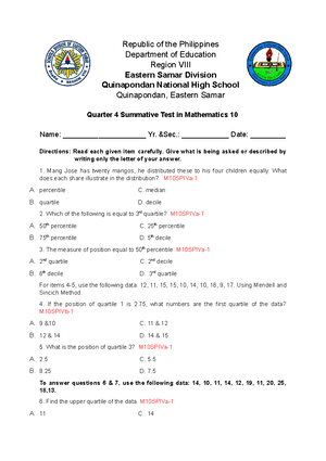 Summative Exam in Grade 10 Math Quarter 3 - Republic of the Philippines ...