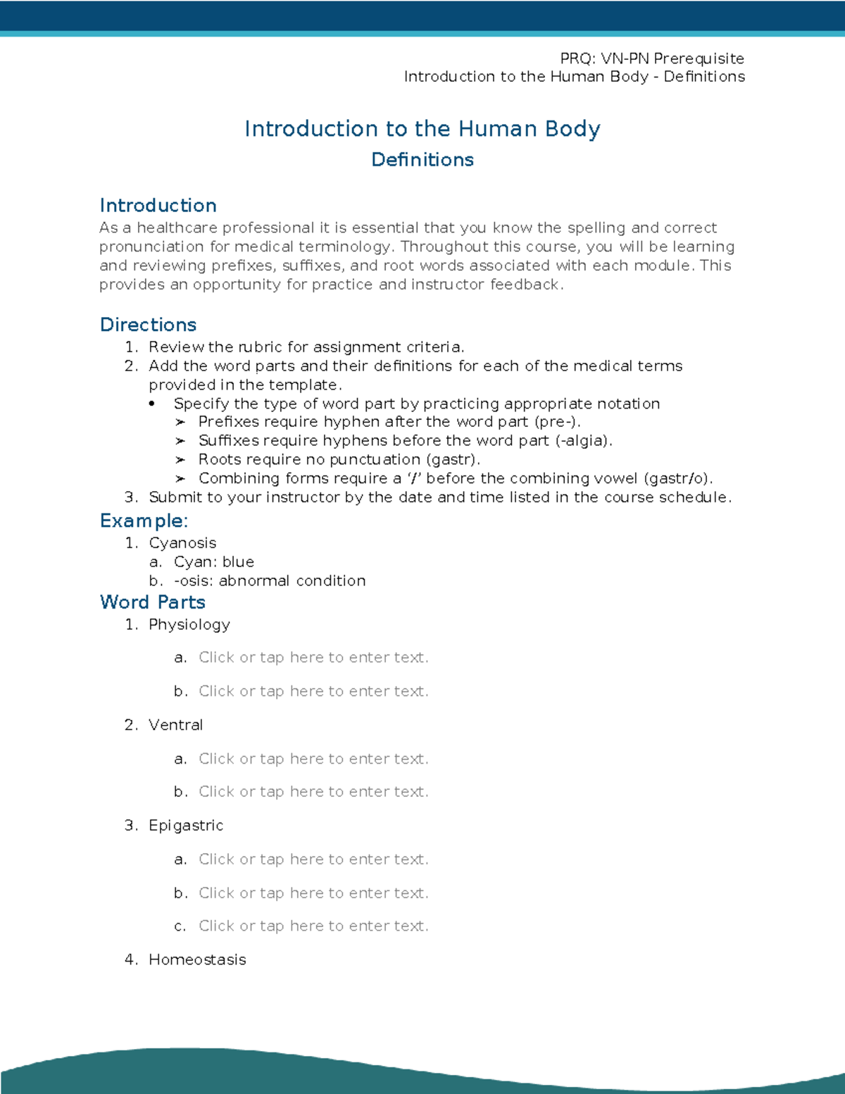 Assignment Definitions (Ch. 2 - Introduction to The Human Body) - PRQ ...
