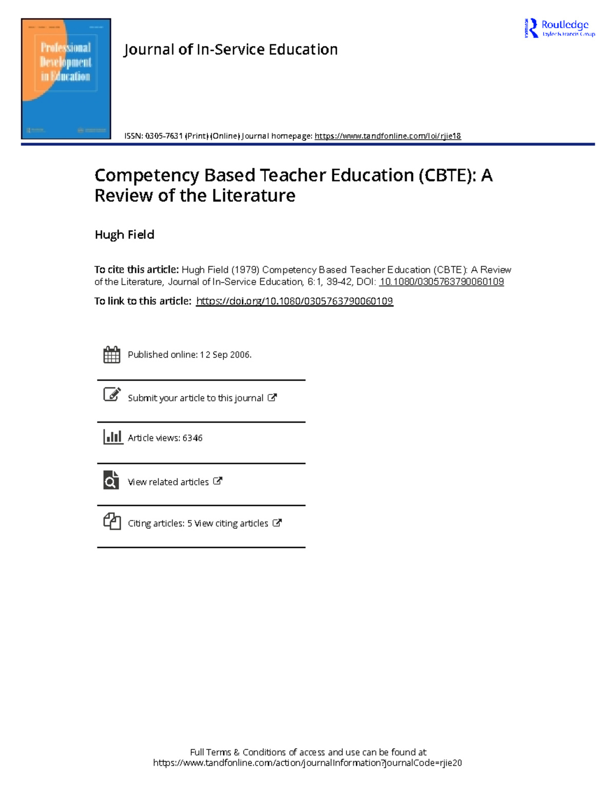 Competency Based Teacher Education CBTE A Review of the Literature - 1080/ Published online: 12 ...