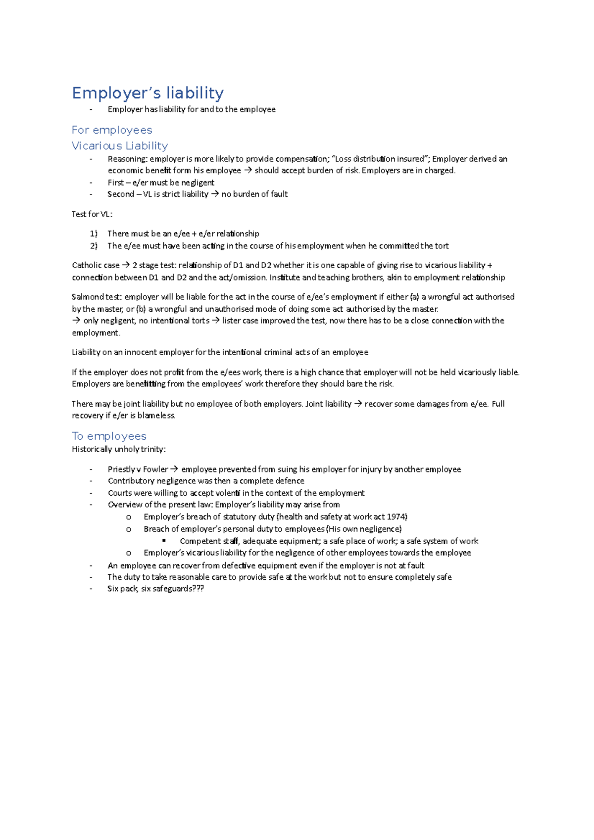 Employer's Liability - Employer’s liability Employer has liability for ...