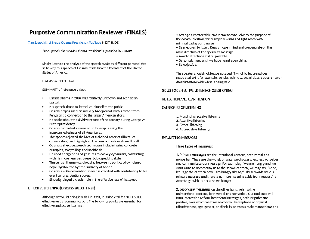 Purp Comm-Reviewer-Finals - Purposive Communication Reviewer (FINALS) The Speech that Made Obama ...