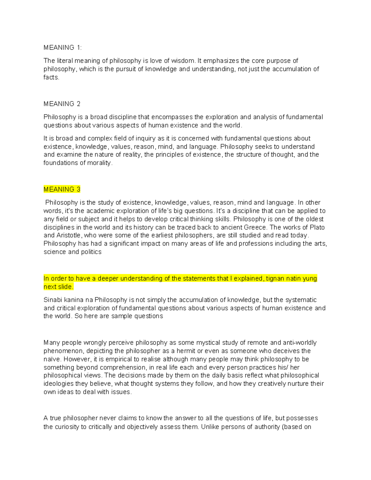 Philosophy Report - MEANING 1: The literal meaning of philosophy is ...