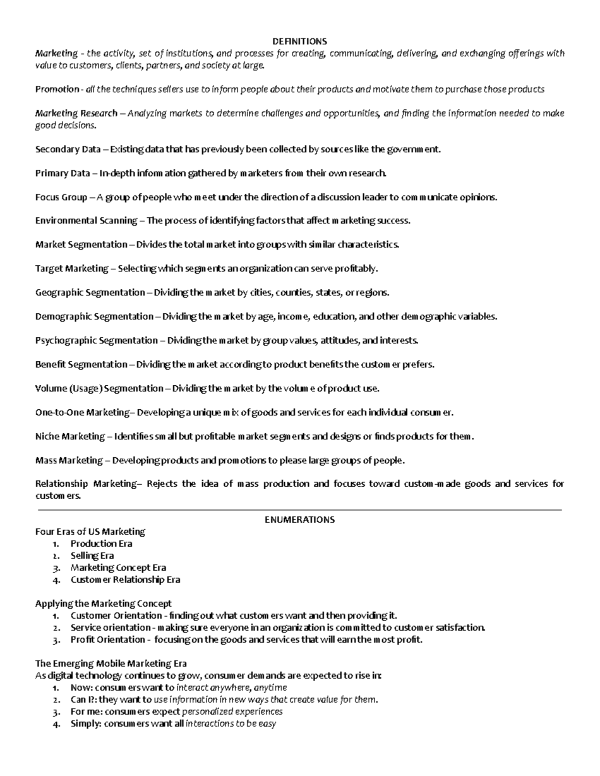 Marketing-1-Summary - DEFINITIONS Marketing - the activity, set of ...