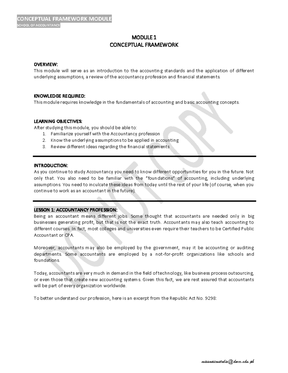Module 1 Conceptual Framework - SCHOOL OF ACCOUNTANCY MODULE 1 ...