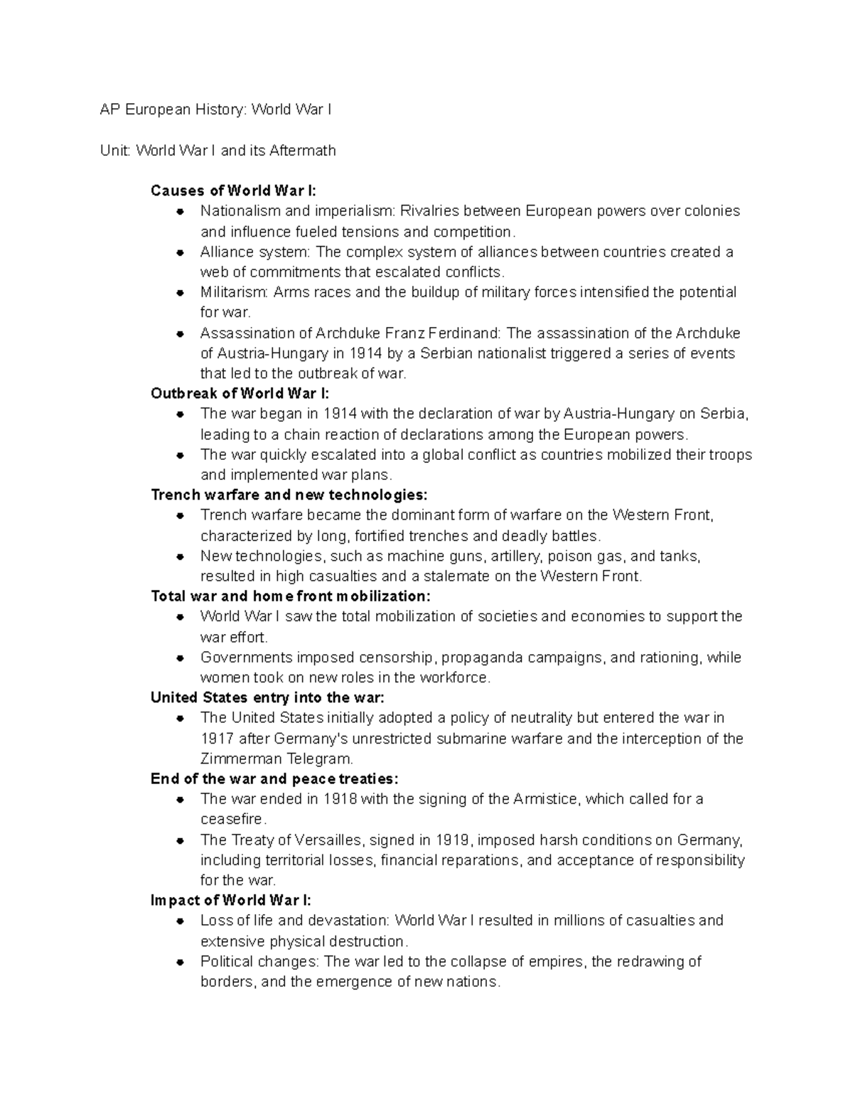 AP European History - World War I - AP European History: World War I ...