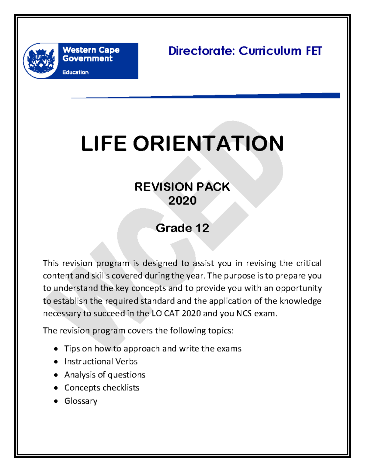 LO Revision Grade 12 Term 3 2020 - Directorate: Curriculum FET LIFE ...