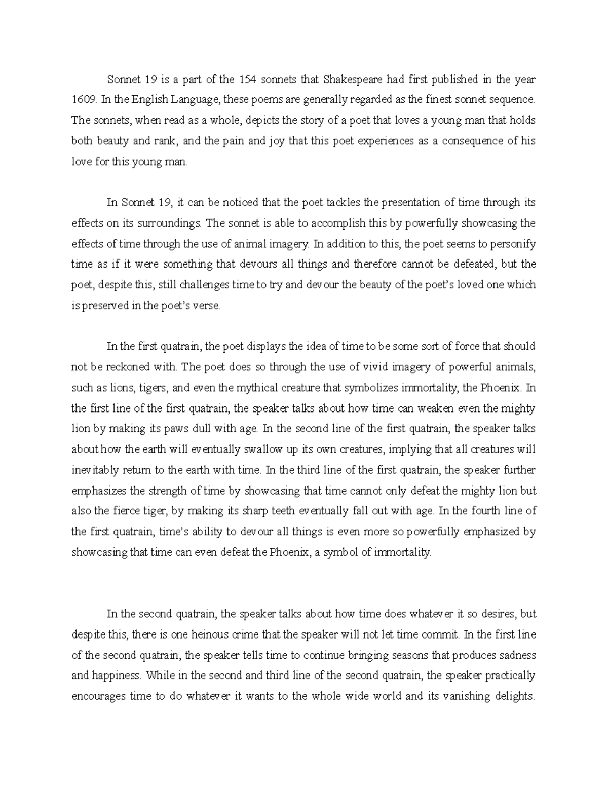 Shakespeare - Sonnet 19 Reflection and Summary - Sonnet 19 is a part of the 154 sonnets that ...