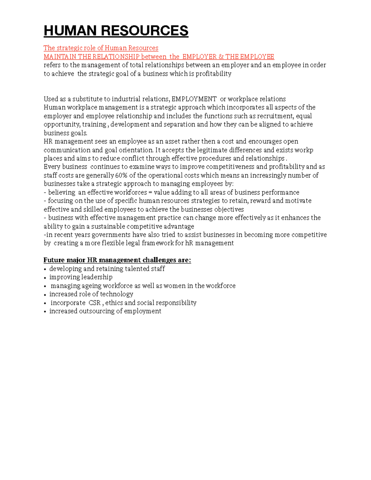 Human Resources - year 12 band 6 notes - The strategic role of Human ...