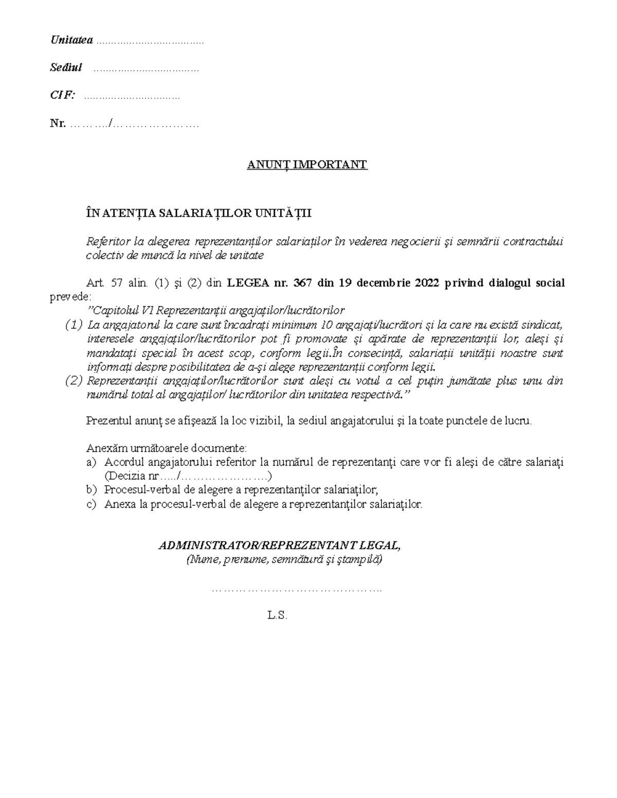 Alegere reprezentanți salariați - Unitatea ...