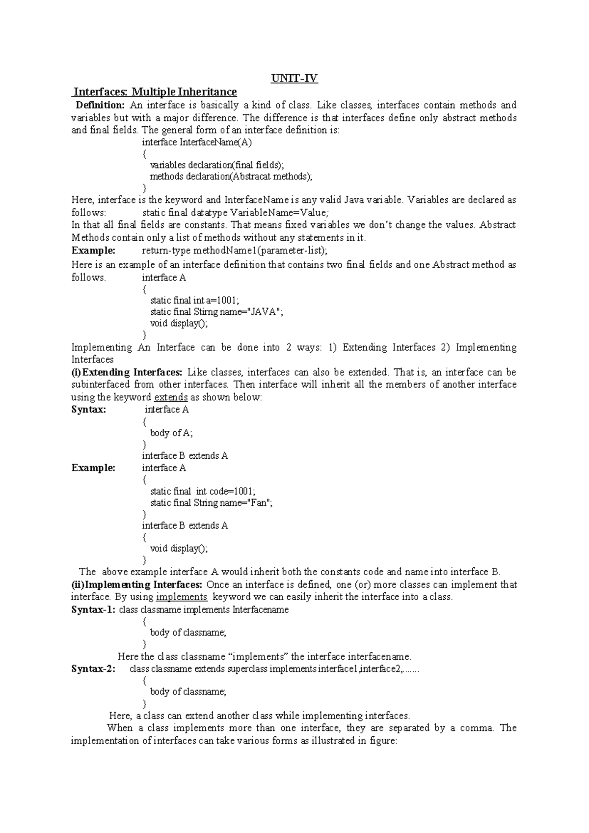 Oops With Java Unit Iv Java Concepts Unit Iv Interfaces Multiple Inheritance Definition An