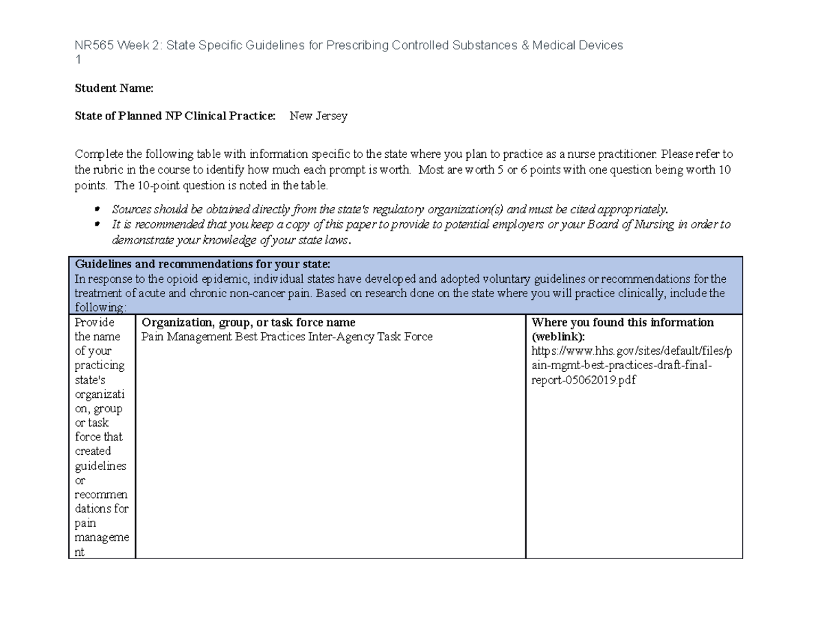 Week 2 State Specific Guidelines - 1 Student Name: State of Planned NP ...