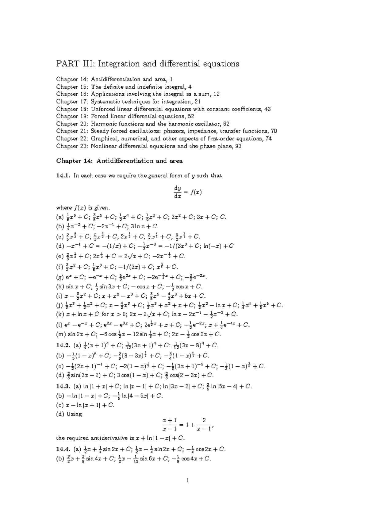 Part03 - oplossingen - PART III: Integration and differential equations Chapter 14: - Studocu