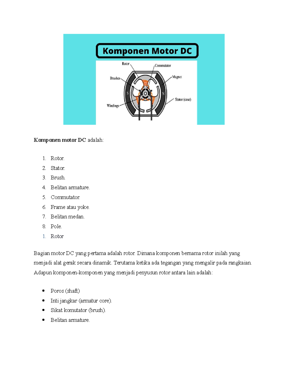 Komponen Motor DC - Stator. Brush. Belitan armature. Commutator. Frame ...