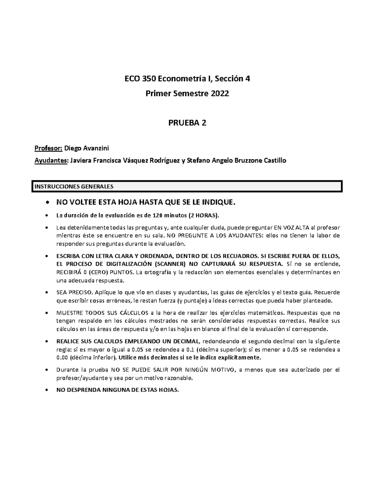 Prueba 2 - Econometría I sec 4 - Avanzini 2022-1S - Pauta - ECO 350 Econometría I, Sección 4 ...